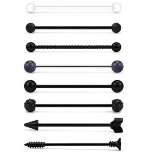 ruifan 8pcs 14 gauge matte gilitter braided ball arrow screw crystal clear ball industrial barbell cartilage earring body piercing jewelry 1 1/2inch (38mm) - black