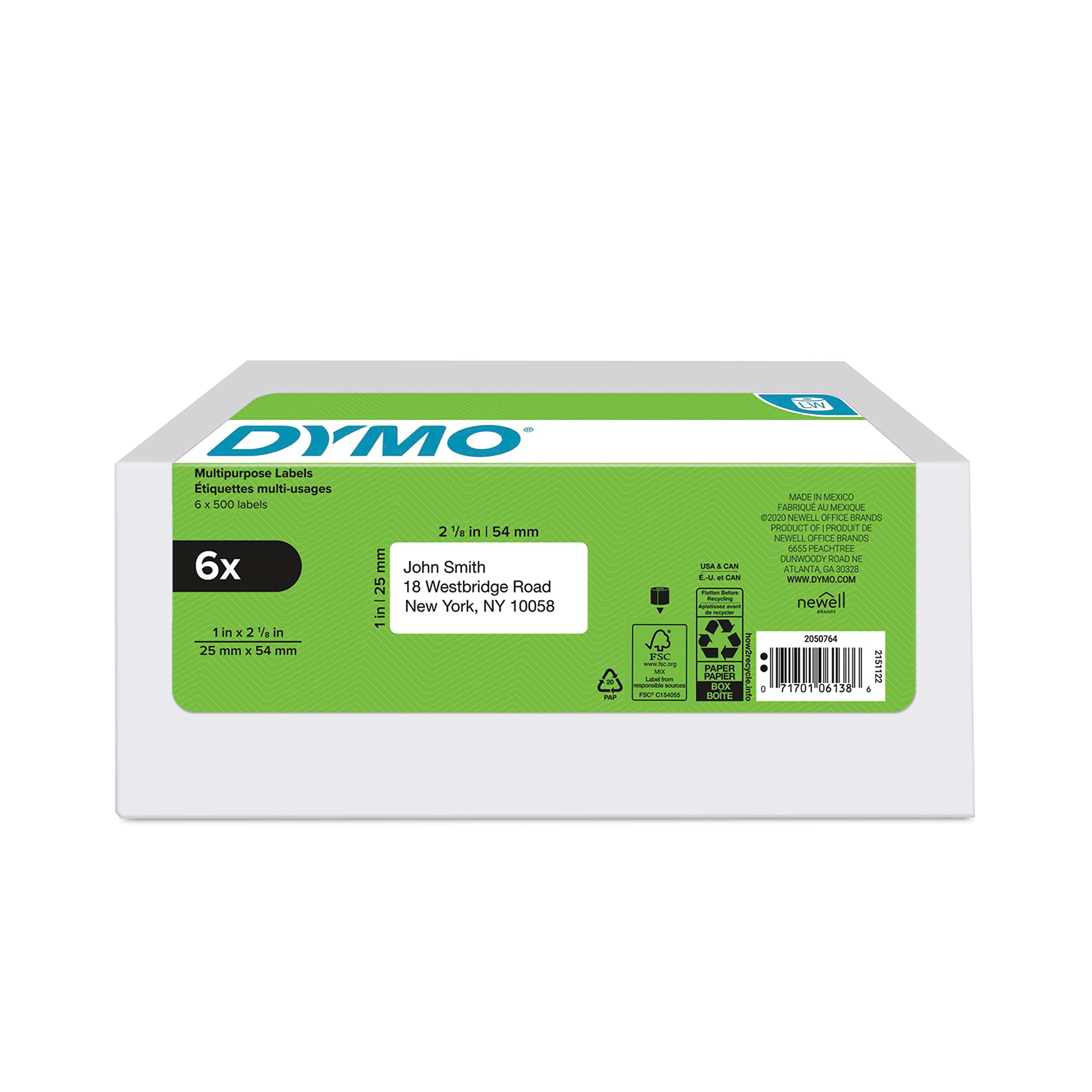 DYMO Authentic LW Multi-Purpose Labels for LabelWriter Label Printers, White, 1" x 2-1/8", 6 rolls of 500 (3000 Total)