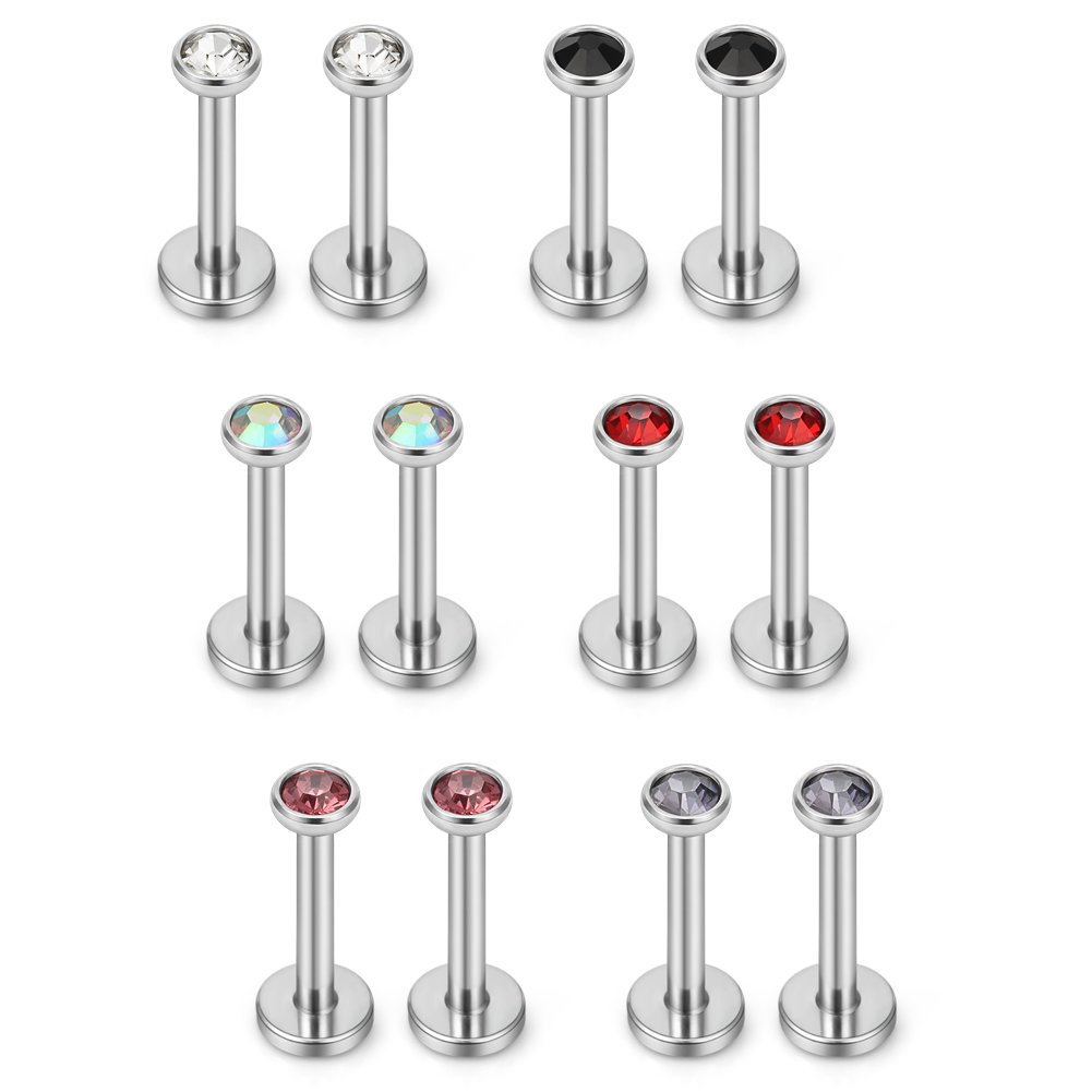 Ruifan 2-4mm Mix Color Round CZ Gem Internally Threaded Labret Monroe Lip Ring Tragus Nail Helix Earring Stud Barbell Piercing Jewelry Bar 6-10mm 16G 12PCS