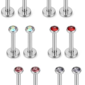 Ruifan 2-4mm Mix Color Round CZ Gem Internally Threaded Labret Monroe Lip Ring Tragus Nail Helix Earring Stud Barbell Piercing Jewelry Bar 6-10mm 16G 12PCS