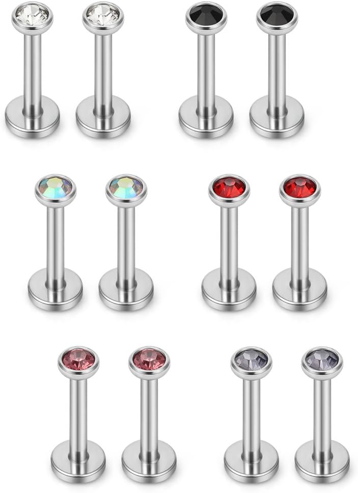 Ruifan 2-4mm Mix Color Round CZ Gem Internally Threaded Labret Monroe Lip Ring Tragus Nail Helix Earring Stud Barbell Piercing Jewelry Bar 6-10mm 16G 12PCS