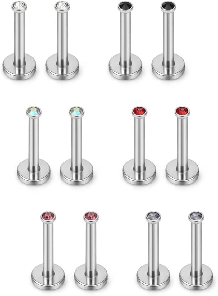 Ruifan 2-4mm Mix Color Round CZ Gem Internally Threaded Labret Monroe Lip Ring Tragus Nail Helix Earring Stud Barbell Piercing Jewelry Bar 6-10mm 16G 12PCS