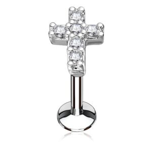 covet jewelry cz cross top 316l surgical steel internally threaded labret, monroe, cartilage studs (16ga, length: 6mm, clear)