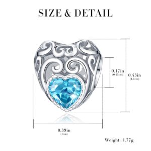 FOREVER QUEEN March Birthstone Charms- Leaves Wave Heart Bead Charms- 925 Sterling Silver Openwork Charm fit Charms Bracelet Necklace for Women, Daughter, Wife, Girlfriend, Mother