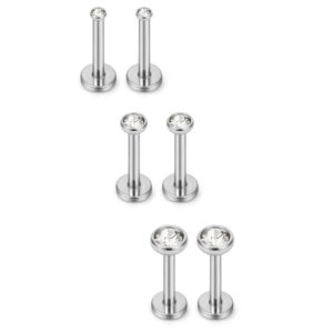 ruifan 2mm 3mm 4mm round clear cz gem internally threaded labret monroe lip ring tragus nail helix earring stud barbell piercing jewelry bar 6mm 16g 6pcs - silver