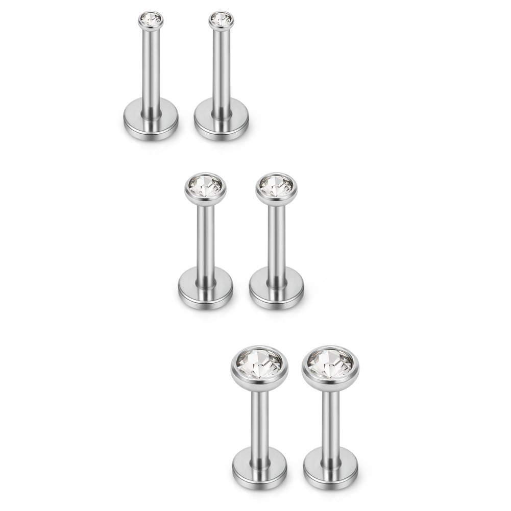 Ruifan 2mm 3mm 4mm Round Clear CZ Gem Internally Threaded Labret Monroe Lip Ring Tragus Nail Helix Earring Stud Barbell Piercing Jewelry Bar 6mm 16G 6PCS - Silver