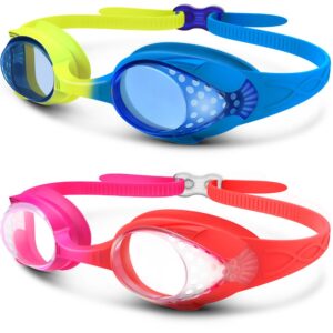 outdoormaster kids swim goggles 2 pack - quick adjustable strap swimming goggles for kids - e