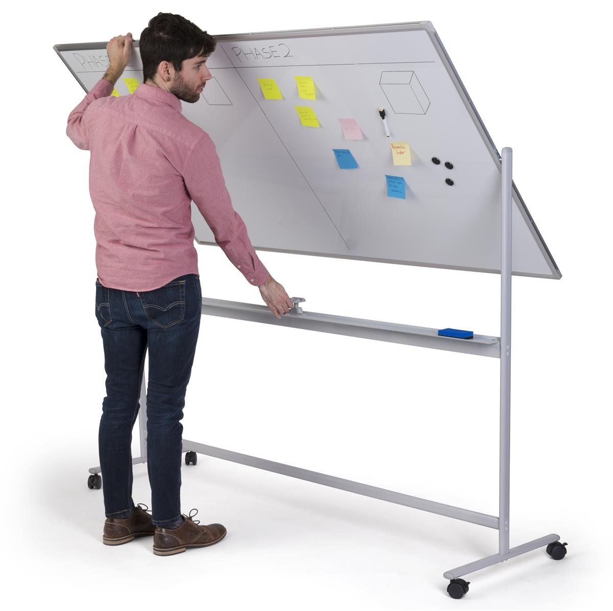 Displays2go 72 x 40 Double-Sided Magnetic White Board with Wheels - Silver (WHBMOB7240)