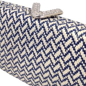 Chevron Raffia Straw Box Clutch with V Ornament