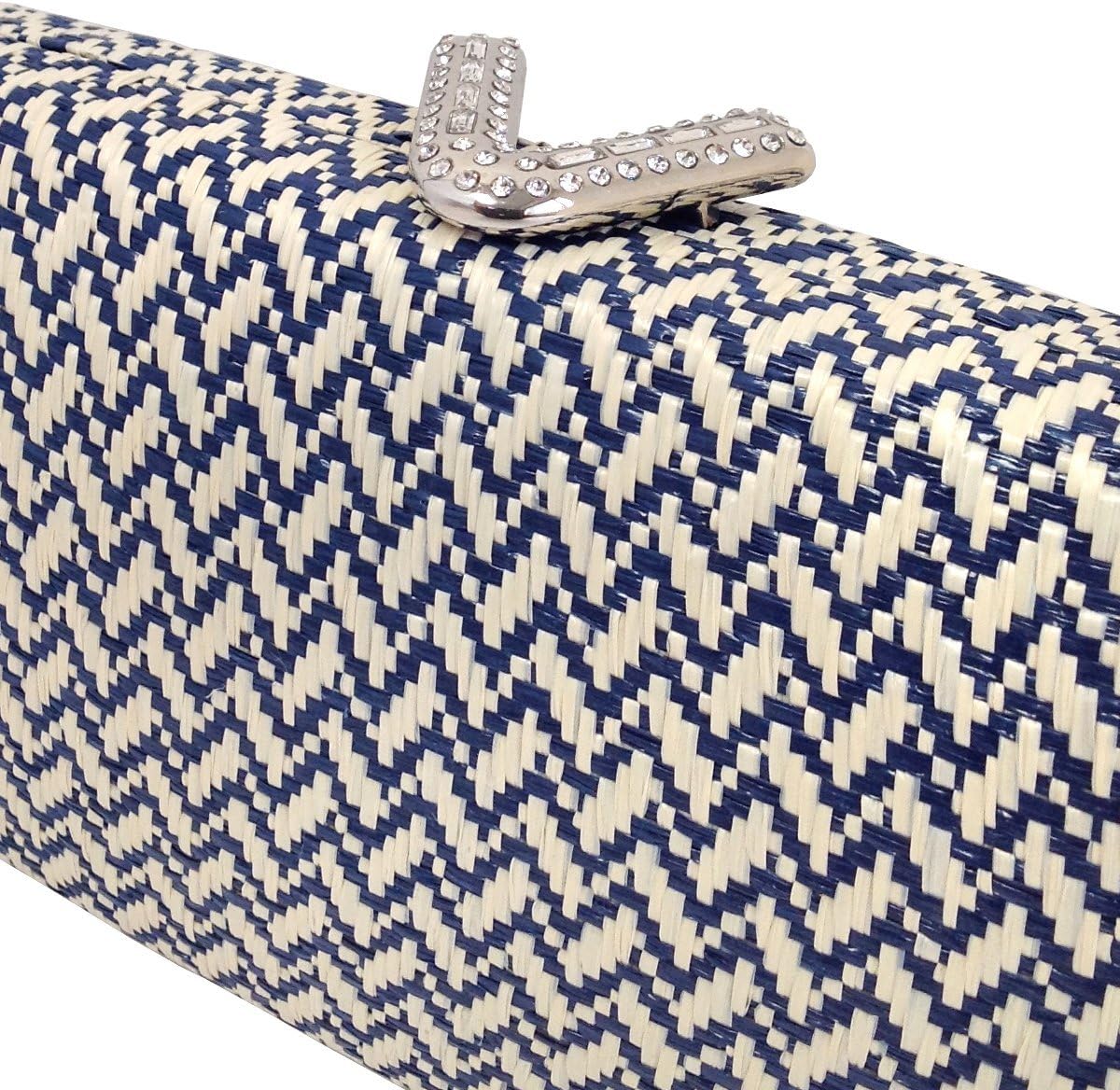 Chevron Raffia Straw Box Clutch with V Ornament