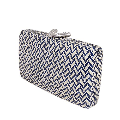 Chevron Raffia Straw Box Clutch with V Ornament