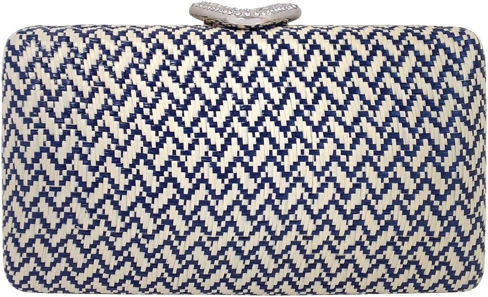 Chevron Raffia Straw Box Clutch with V Ornament