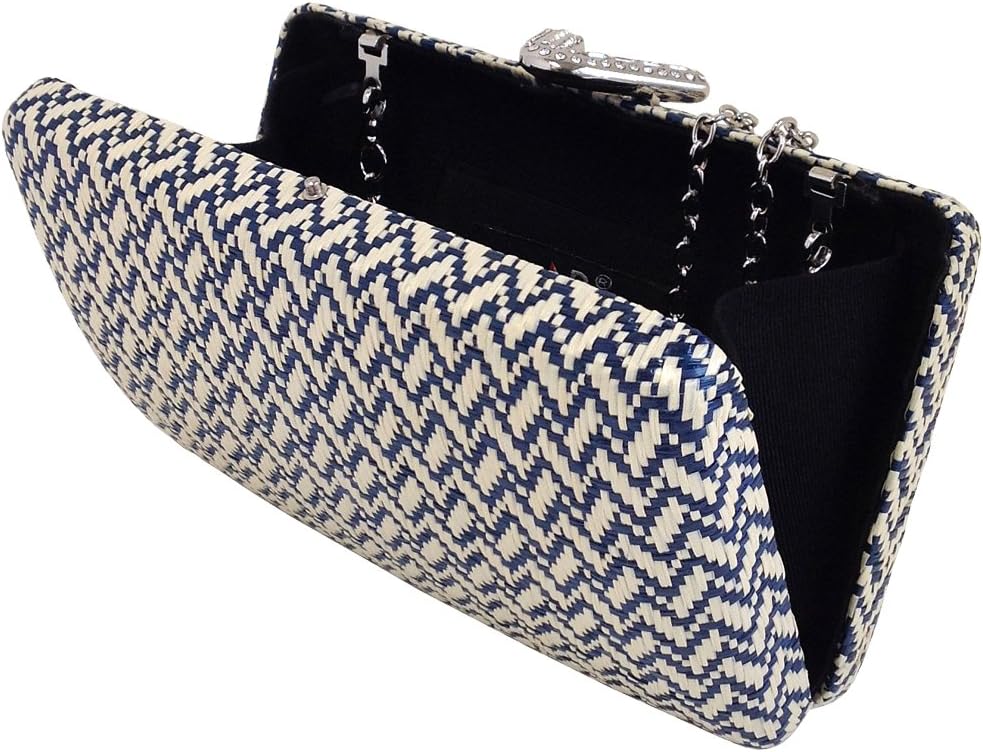 Chevron Raffia Straw Box Clutch with V Ornament