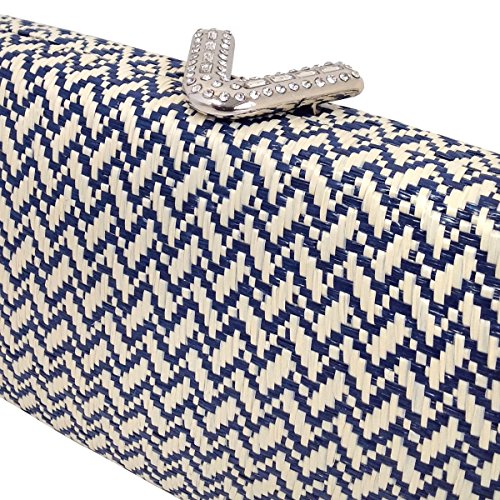 Chevron Raffia Straw Box Clutch with V Ornament