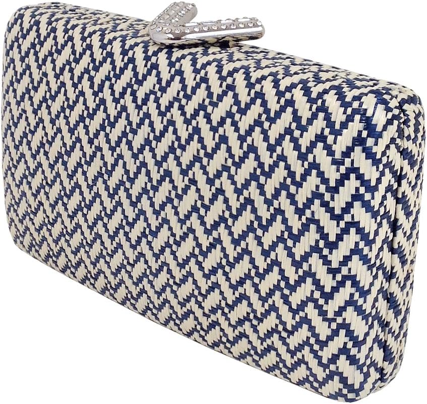 Chevron Raffia Straw Box Clutch with V Ornament