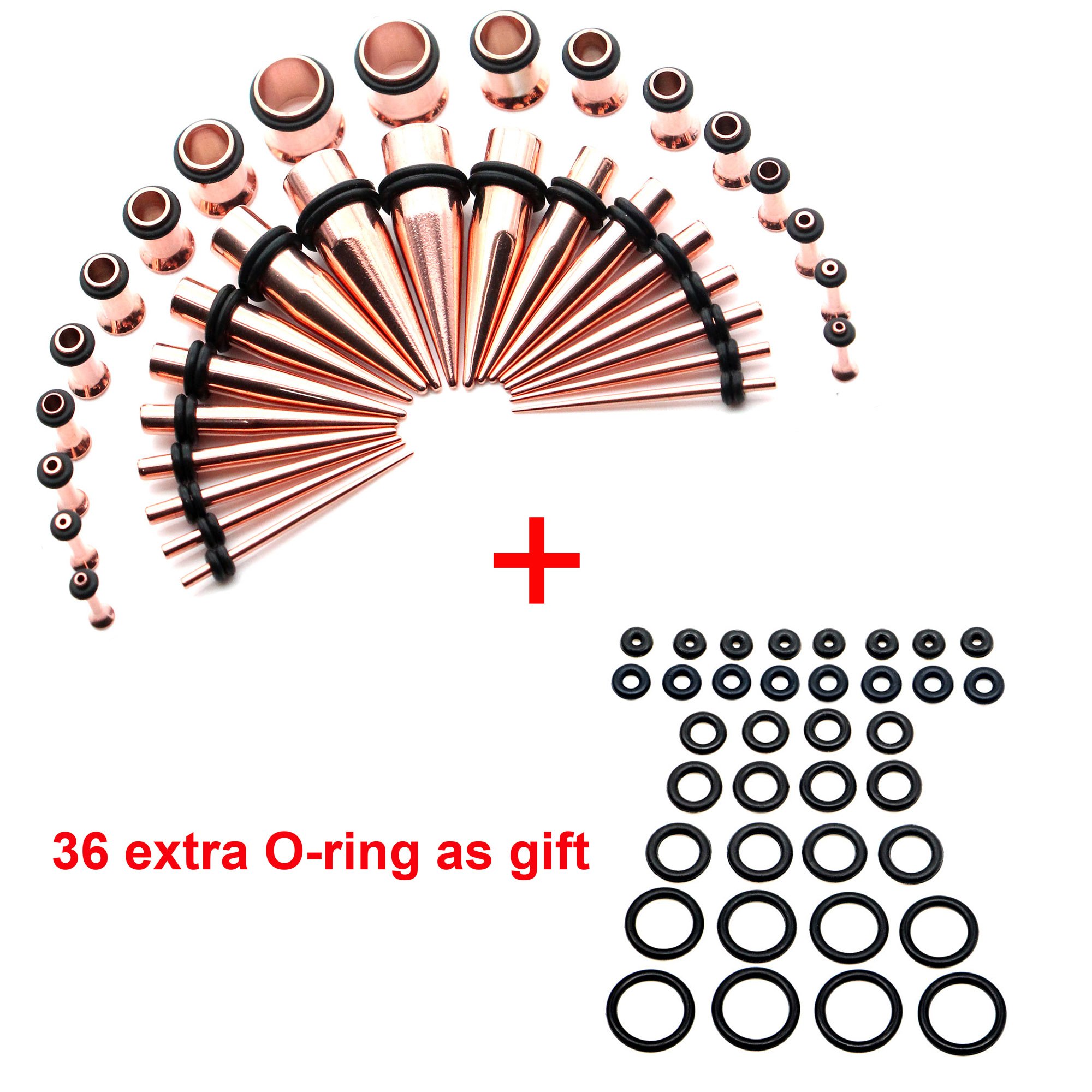 36 Pieces Ear Gauges Stretching Kit Taper Stainless Steel Single Flare Tunnel Plugs Eyelet 14G-00G and 36 pcs O-ring Extra Set