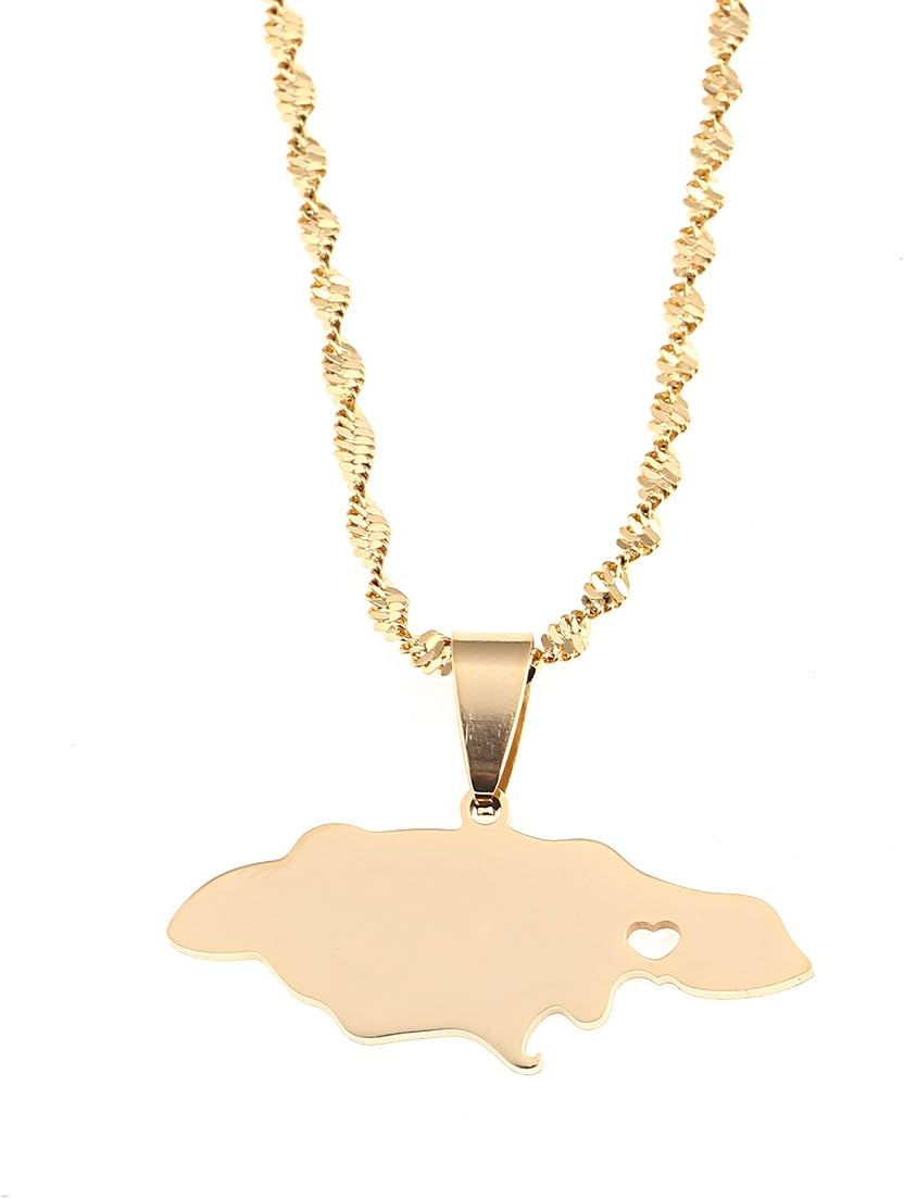 Heart Jamaica Jamaican Map Pendant Necklace for Women Gold Color Jewelry