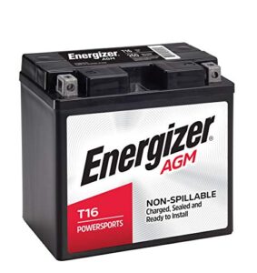 energizer t16 agm motorcycle and personal water craft 12v battery, 260 cold cranking amps and 19 ahr. replaces: t16 and others, black