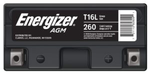 energizer - et16l t16l agm motorcycle and atv 12v battery, 260 cold cranking amps and 19 ahr. replaces: ctx19l-bs, t16l and others