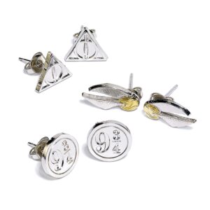 harry potter official stud earring set of 3 - deathly hallows/golden snitch/platform 9 3/4