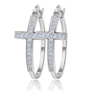 uPrimor Simple Medium Average Size 30mm(1.25 In) CZ Cubic Zirconia Cross Hoop Earrings, for adults only