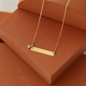 gelin 14k solid gold bar necklace with diamond | 14k gold pendant necklace for women, 18"