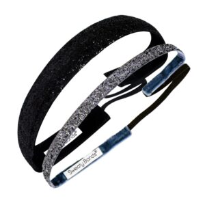 sweaty bands womens girls headband - non-slip velvet-lined sparkly fitness hairband - 2-pack viva diva black 1-inch and viva diva gunmetal 3/8-inch