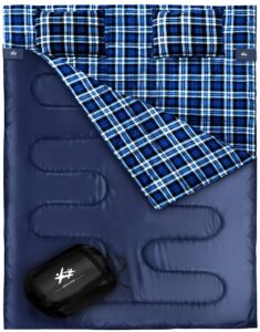 besteam double sleeping bag flannel for adults kids, queen size for 2 person with 2 pillows, warm & cold weather sleeping bag for camping, hiking, waterproof lightweight with compression sack