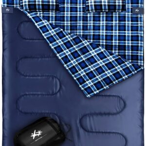 BESTEAM Double Sleeping Bag Flannel for Adults Kids, Queen Size for 2 Person with 2 Pillows, Warm & Cold Weather Sleeping Bag for Camping, Hiking, Waterproof Lightweight with Compression Sack