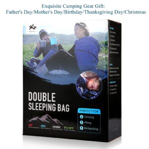 BESTEAM Double Sleeping Bag Flannel for Adults Kids, Queen Size for 2 Person with 2 Pillows, Warm & Cold Weather Sleeping Bag for Camping, Hiking, Waterproof Lightweight with Compression Sack