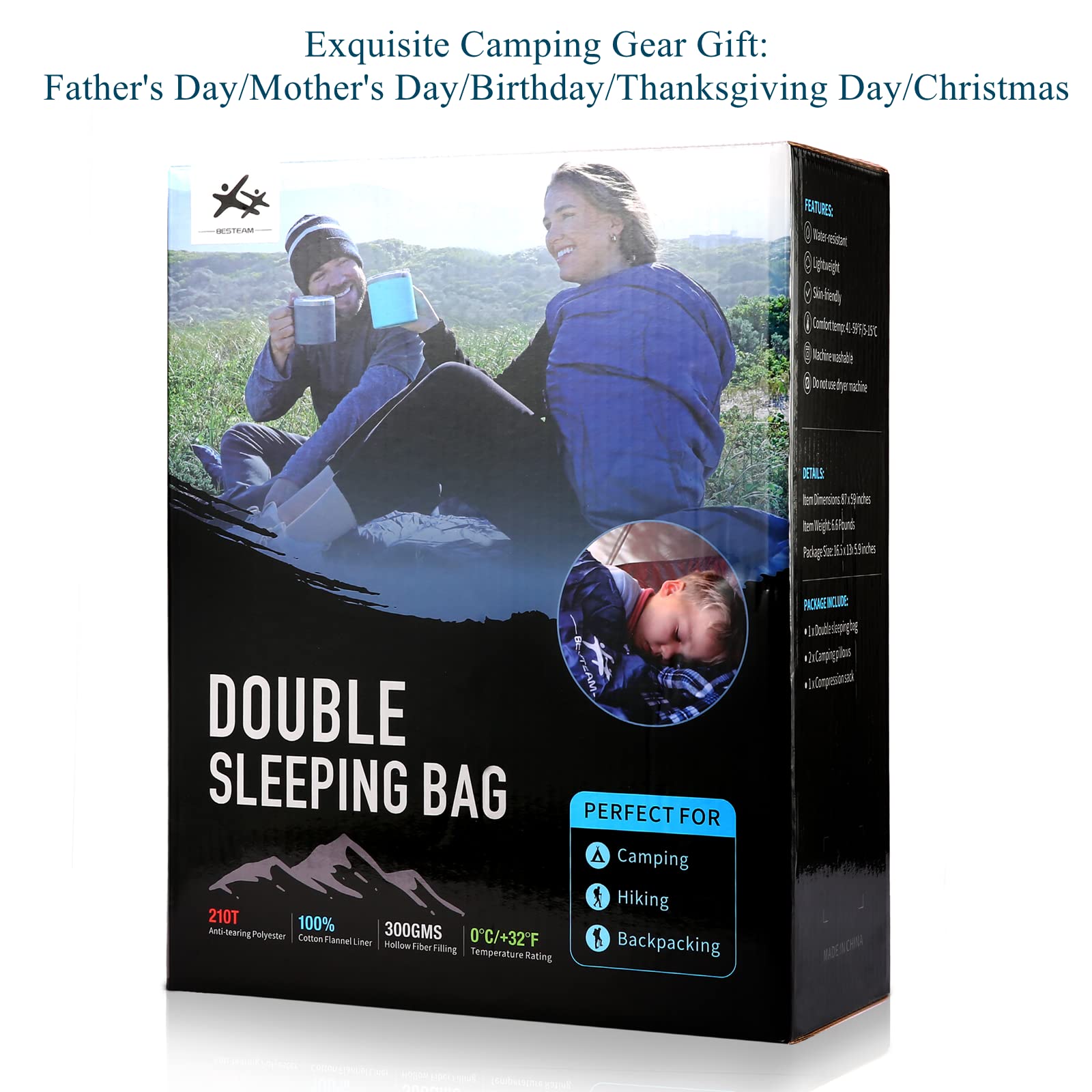 BESTEAM Double Sleeping Bag Flannel for Adults Kids, Queen Size for 2 Person with 2 Pillows, Warm & Cold Weather Sleeping Bag for Camping, Hiking, Waterproof Lightweight with Compression Sack