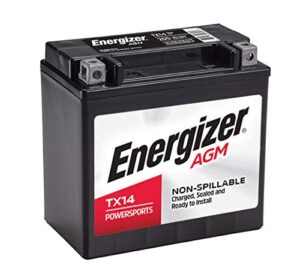 energizer tx14 agm motorcycle and atv 12v battery, 200 cold cranking amps and 12 ahr. replaces: ytx14-bs and others