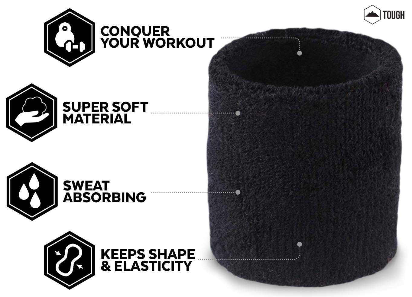 Tough Headwear Sports Wristbands - Arm Bands, Wrist Sweat Bands - One Size - Black - Cotton Blend - Unisex - For Athletes