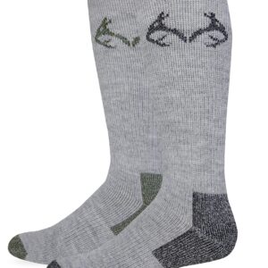 Realtree Men's Merino Wool Blend Boot Socks, 2 Pairs, Grey Black/Olive Tip, LARGE