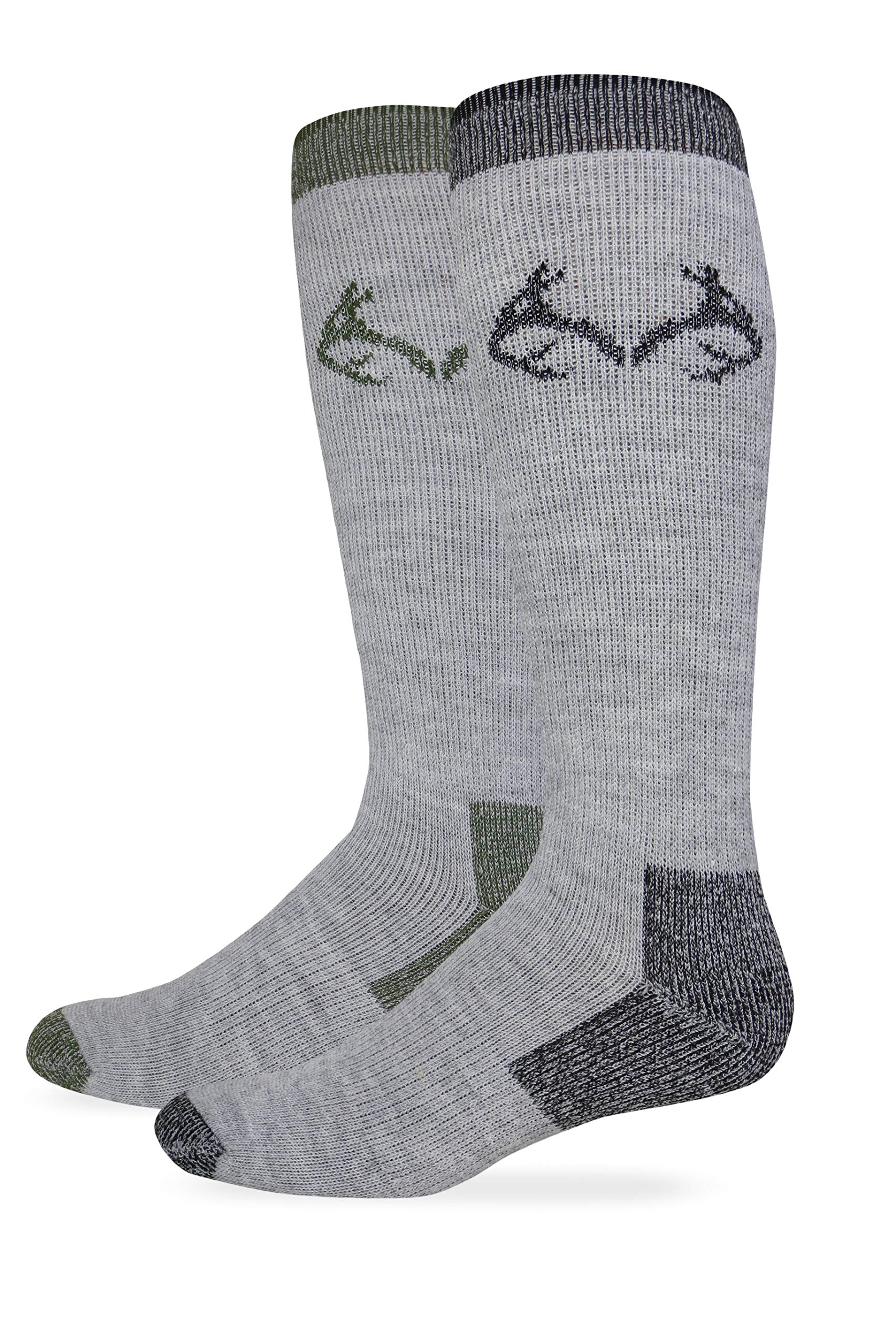 Realtree Men's Merino Wool Blend Boot Socks, 2 Pairs, Grey Black/Olive Tip, LARGE