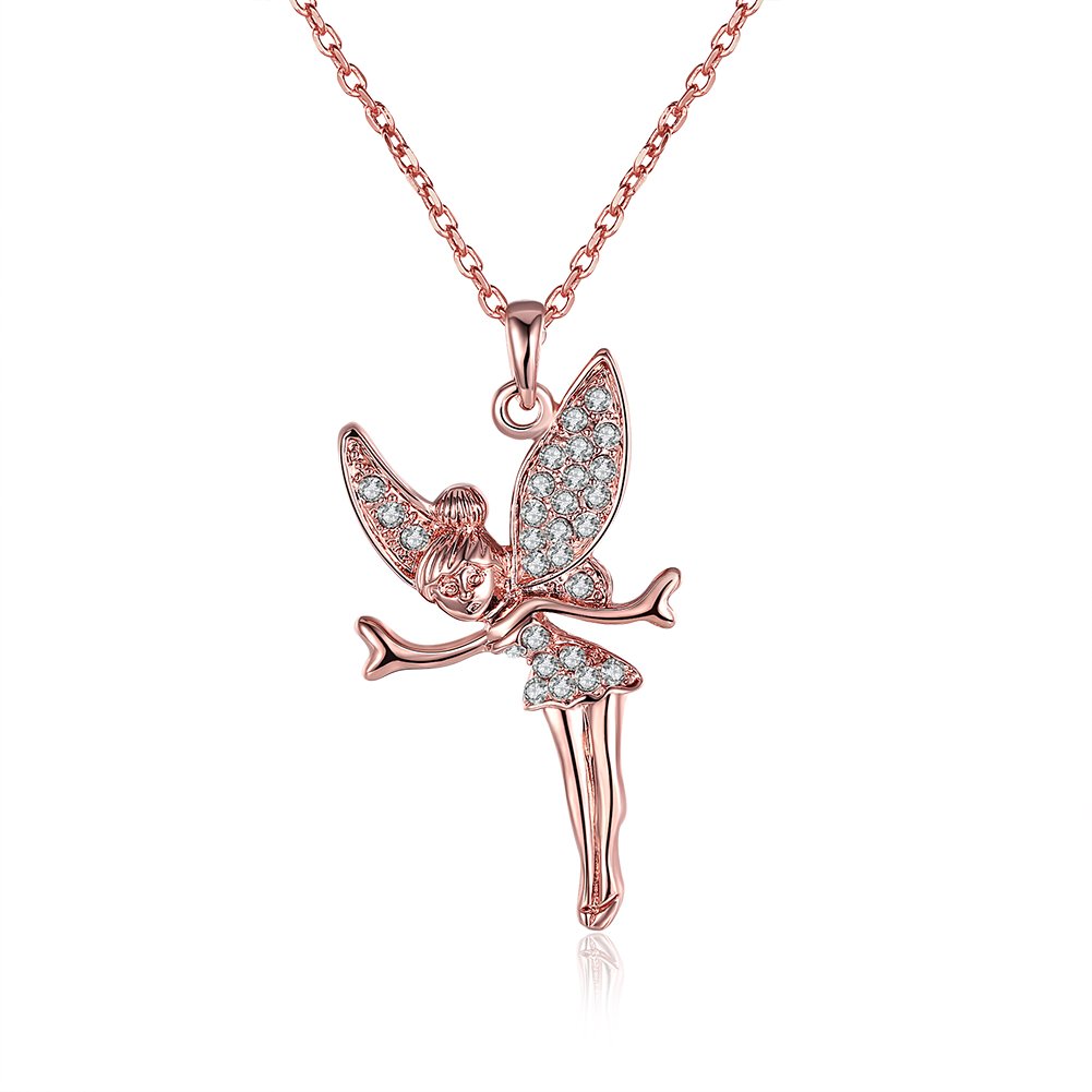 LZD Rose Gold Platinum Plated Necklace Women's Pendant Tinkerbell AWings Fairy AA Zirconia B333 (rose-gold-plated-base)