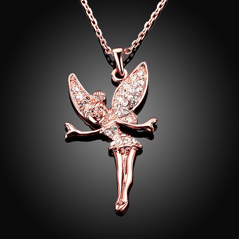 LZD Rose Gold Platinum Plated Necklace Women's Pendant Tinkerbell AWings Fairy AA Zirconia B333 (rose-gold-plated-base)