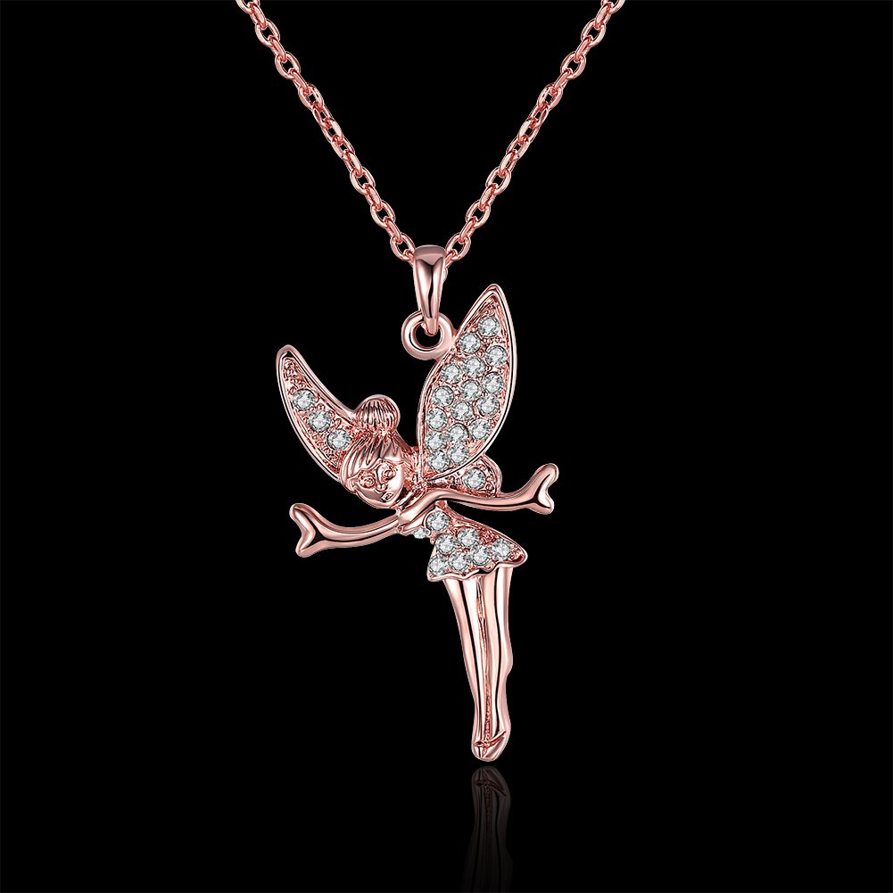 LZD Rose Gold Platinum Plated Necklace Women's Pendant Tinkerbell AWings Fairy AA Zirconia B333 (rose-gold-plated-base)