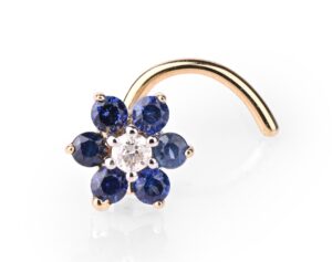 demira jewels 14k yellow gold nose piercing wire setting stud with real diamond and natural blue sapphire flower – elegant wedding nose ring, stunning bridal nose jewelry.