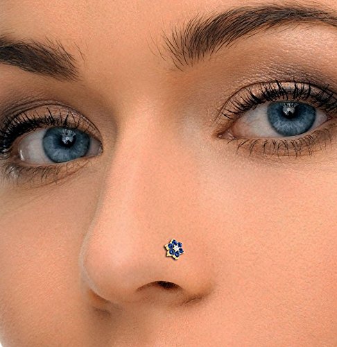 Demira Jewels 14K Yellow Gold Nose Piercing Wire Setting Stud with Real Diamond and Natural Blue Sapphire Flower – Elegant Wedding Nose Ring, Stunning Bridal Nose Jewelry.