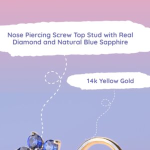 Demira Jewels 14K Yellow Gold Nose Piercing Wire Setting Stud with Real Diamond and Natural Blue Sapphire Flower – Elegant Wedding Nose Ring, Stunning Bridal Nose Jewelry.