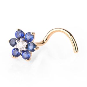 Demira Jewels 14K Yellow Gold Nose Piercing Wire Setting Stud with Real Diamond and Natural Blue Sapphire Flower – Elegant Wedding Nose Ring, Stunning Bridal Nose Jewelry.