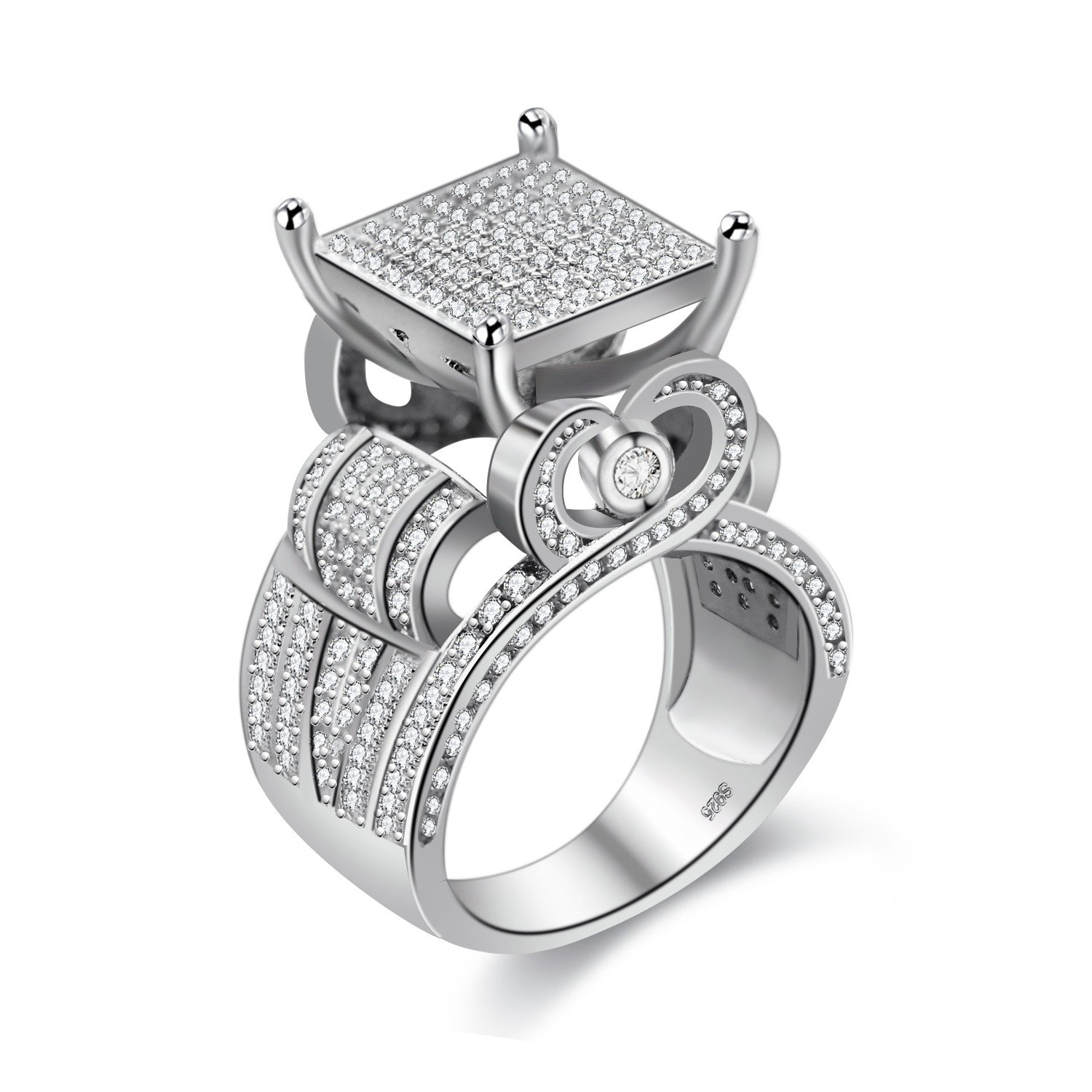 Uloveido Women's 0.4" Wide Square Cluster Engagement Heart Architecture Ring, Cocktail Bling Ring for Her RA0221 (Platinum, 8)