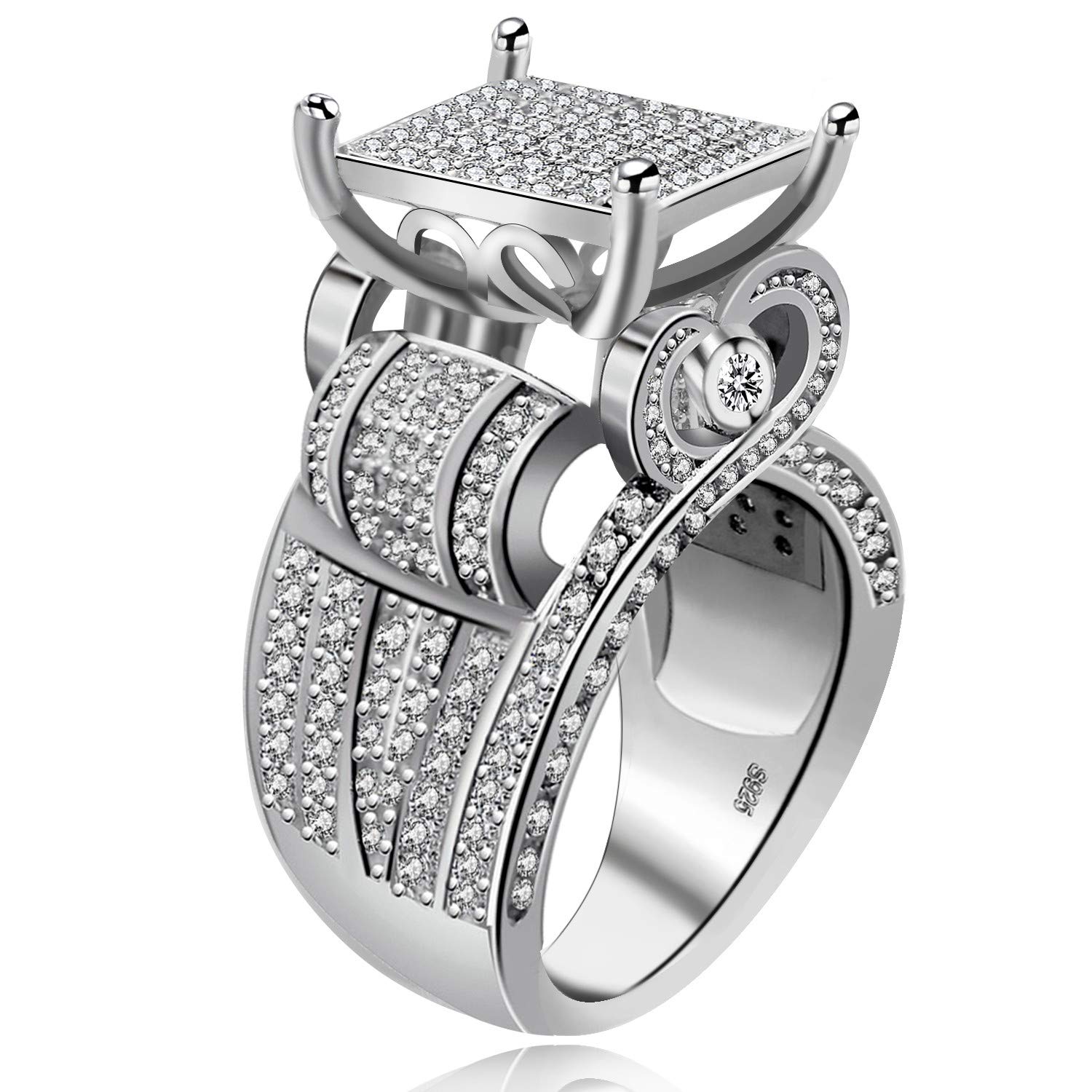 Uloveido Women's 0.4" Wide Square Cluster Engagement Heart Architecture Ring, Cocktail Bling Ring for Her RA0221 (Platinum, 8)