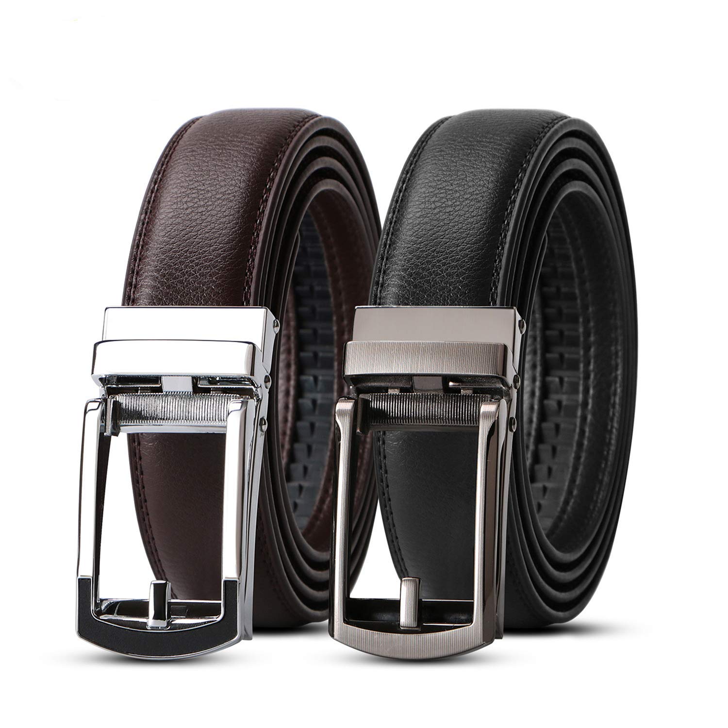 WERFORU 2 Pack Leather Ratchet Dress Belts for Men with Automatic Buckle, A-Black+Coffee, Suit Pant Size 28-44 inches