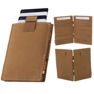 garzini magic wallet with pull-tab, minimalist wallet with rfid card holder, leather wallet for 12 cards, camel brown