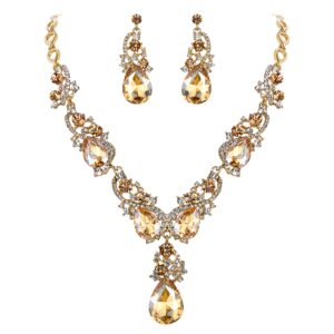 brilove wedding bridal necklace earrings jewelry set for women multi teardrop cluster crystal statement necklace dangle earrings set champagne gold-toned