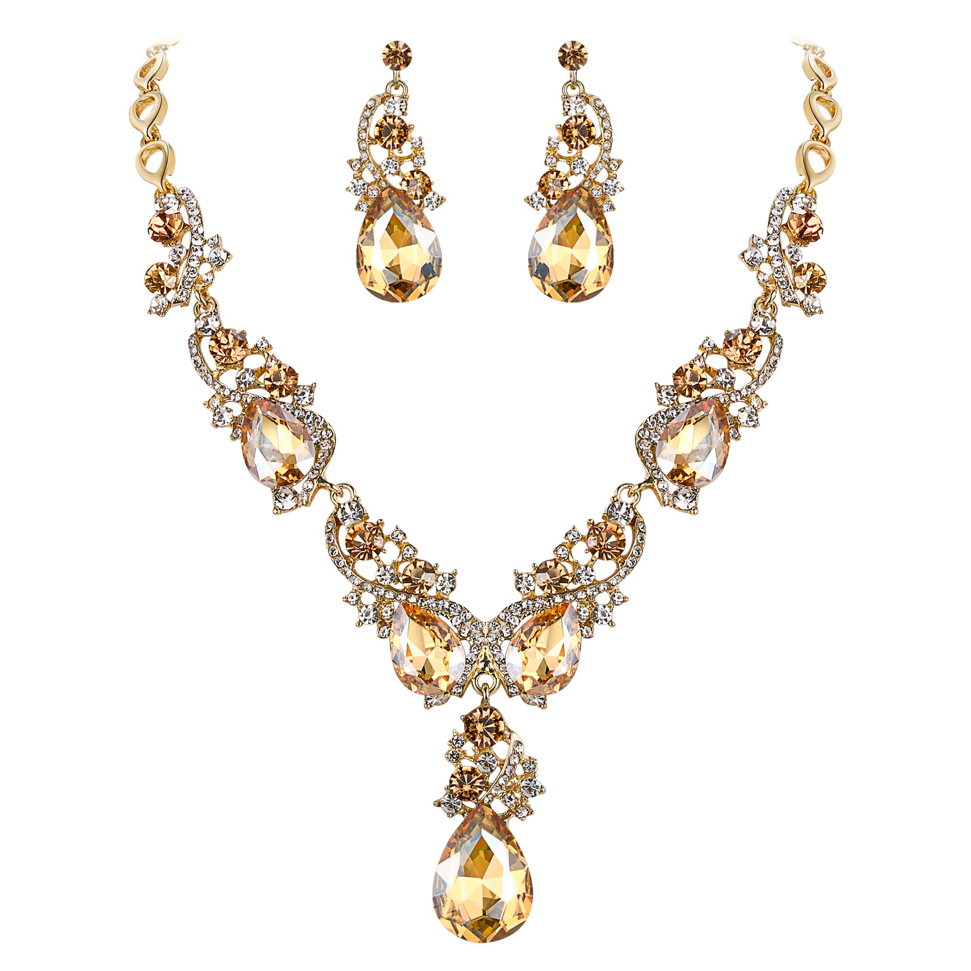 BriLove Wedding Bridal Necklace Earrings Jewelry Set for Women Multi Teardrop Cluster Crystal Statement Necklace Dangle Earrings Set Champagne Gold-Toned