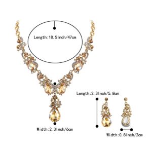 BriLove Wedding Bridal Necklace Earrings Jewelry Set for Women Multi Teardrop Cluster Crystal Statement Necklace Dangle Earrings Set Champagne Gold-Toned