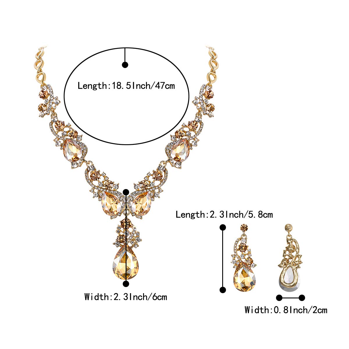 BriLove Wedding Bridal Necklace Earrings Jewelry Set for Women Multi Teardrop Cluster Crystal Statement Necklace Dangle Earrings Set Champagne Gold-Toned